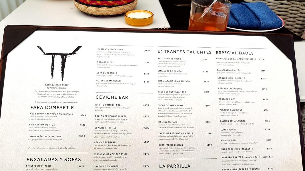 Menu at Toro restaurant, Mexico City