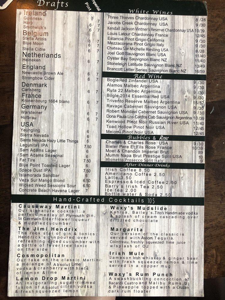 Menu at Waxy's Irish Pub, Fort Lauderdale