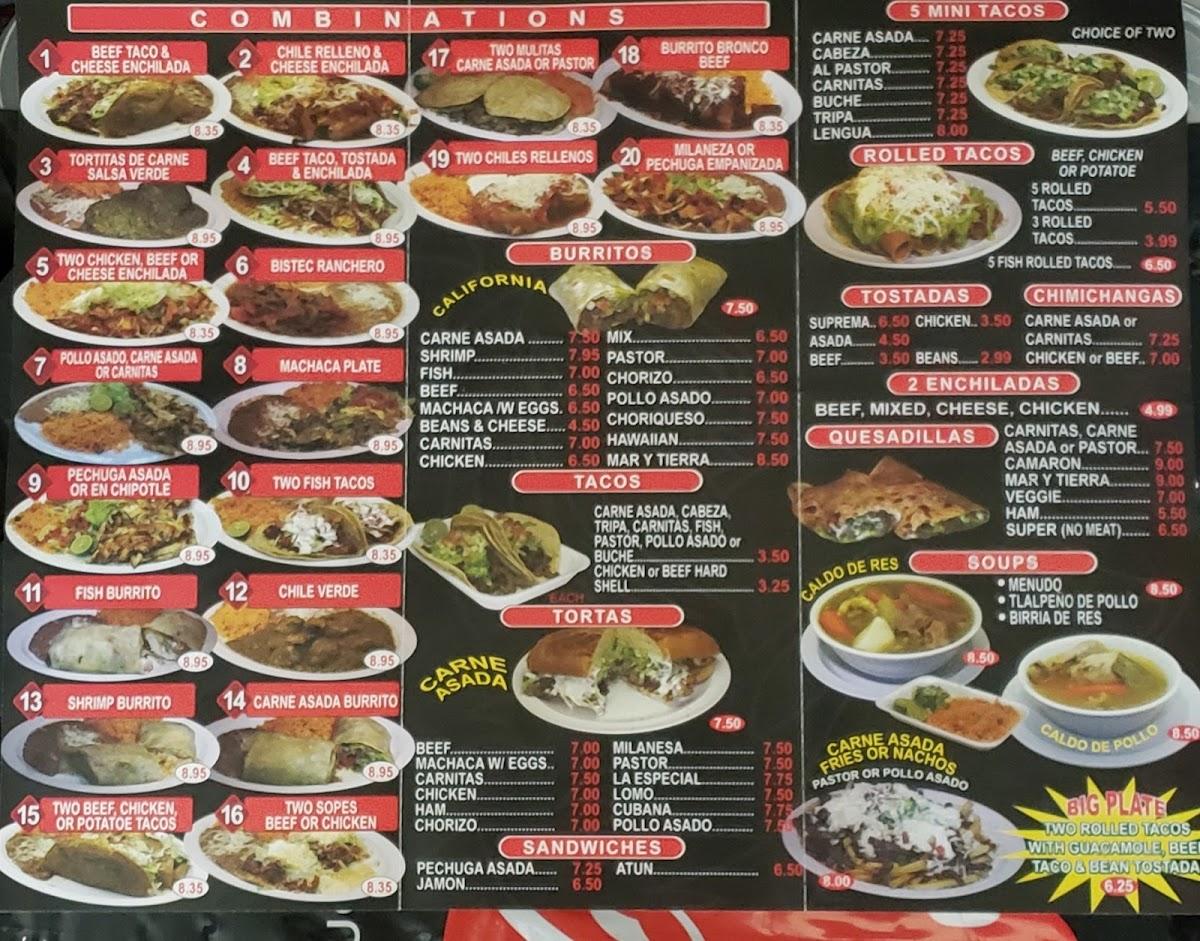 Menu at Bronco's Mexican Food restaurant, San Diego