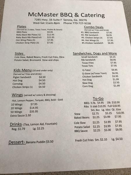 Menu at McMaster BBQ & Catering, Senoia, 75 Main St