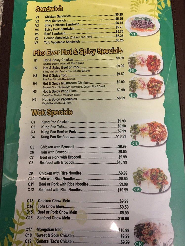 Menu at Pho Ever Vietnamese Cuisine restaurant, Longview