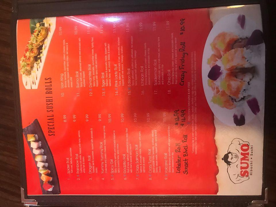 Carta del restaurante Sumo, Steubenville