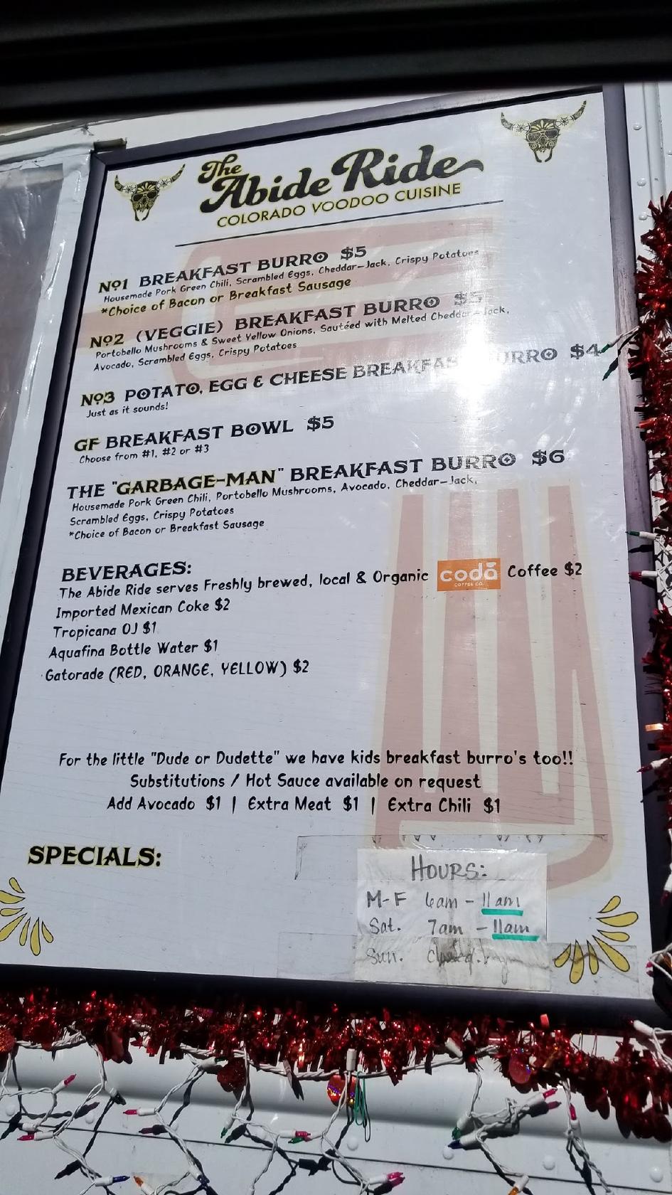 Menu at The Abide Ride restaurant, Conifer