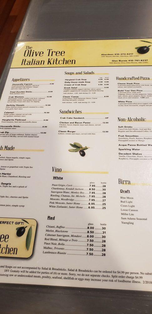Menu at The Olive Tree restaurant, Glen Burnie