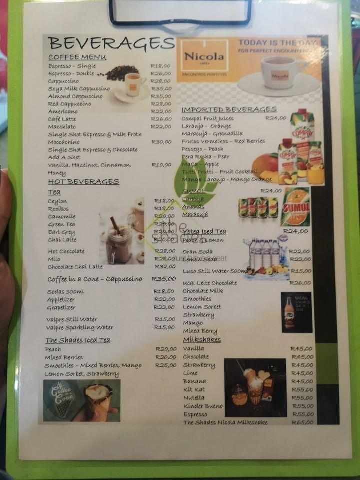Menu at The Shades Pizzeria and Coffee Shop, Benoni