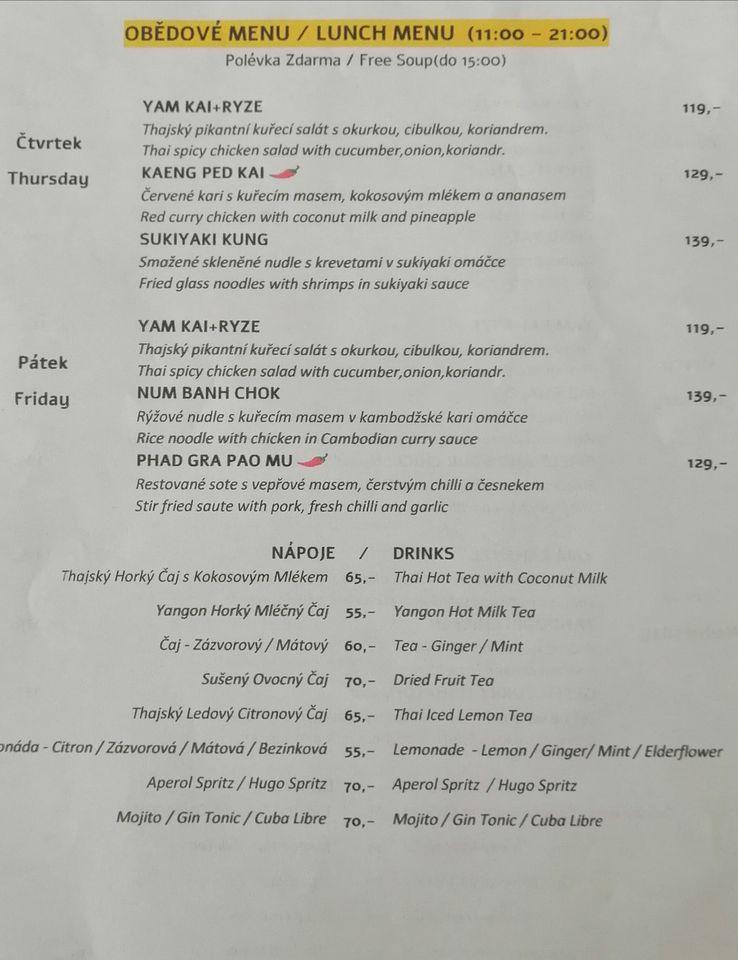 Menu at Yangon Burmese Restaurant, Prague