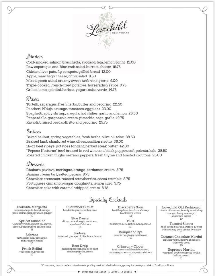 Menu at Lovechild restaurant, La Crosse