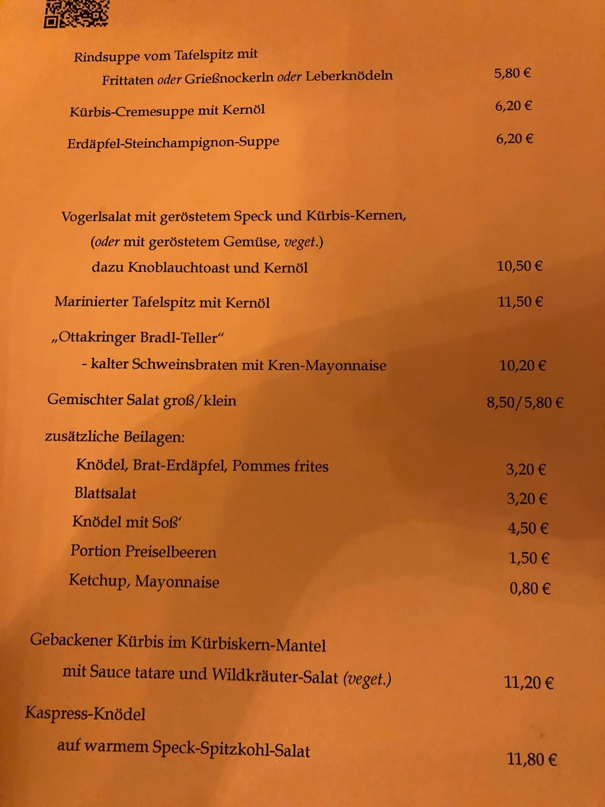 Speisekarte von Gasthaus Alt Wien, Berlin restaurant, Berlin