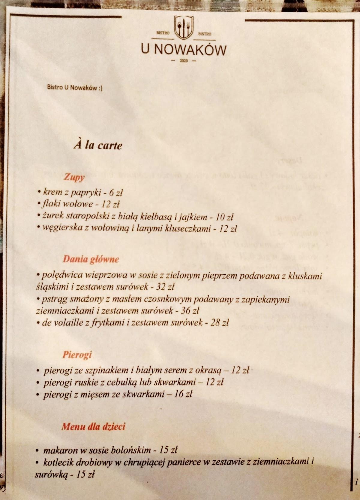 Menu at Bistro u Nowaków restaurant, Lutynia