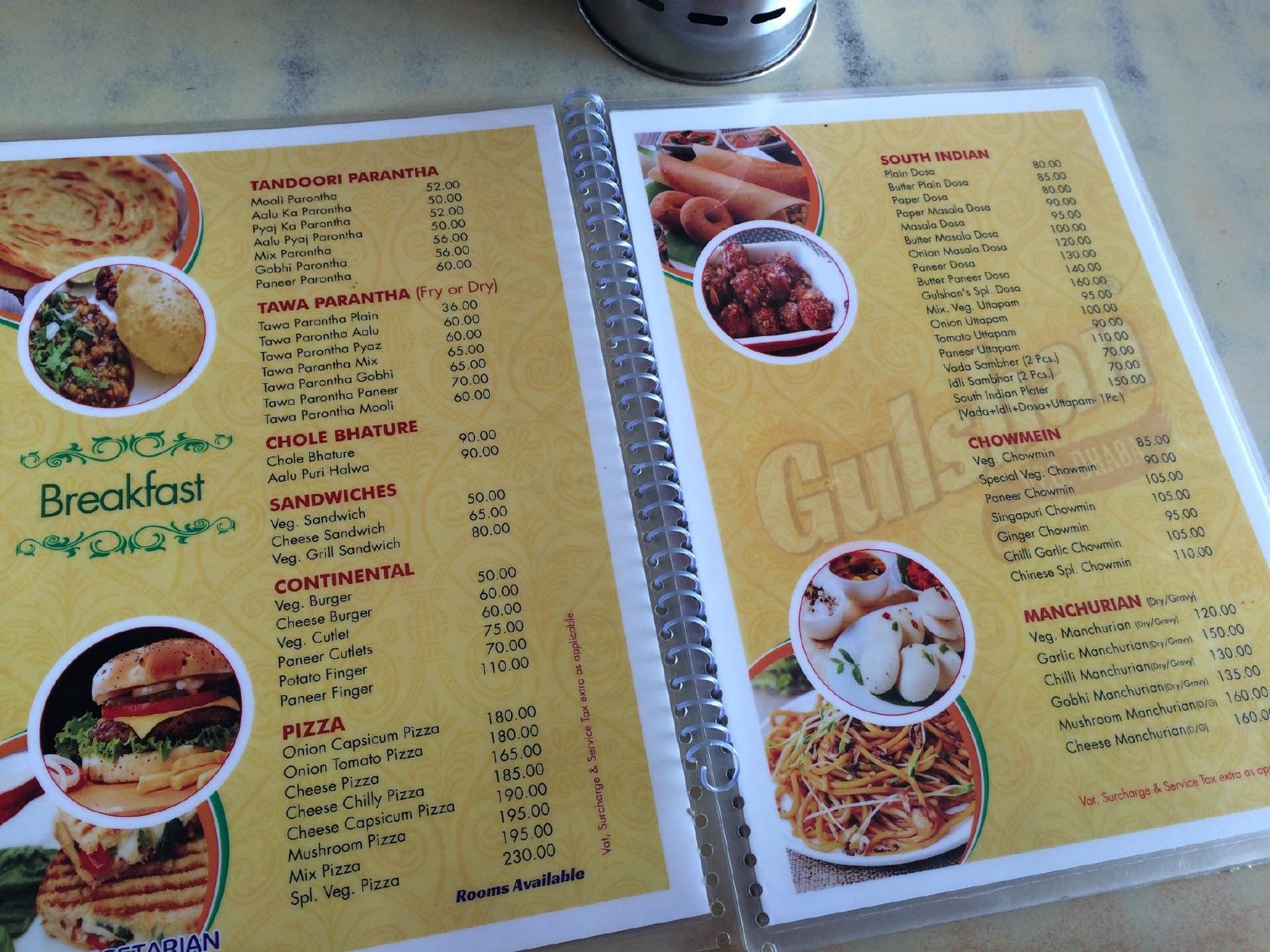 Menu at Gulshan Dhaba, Sonipat, Milestone