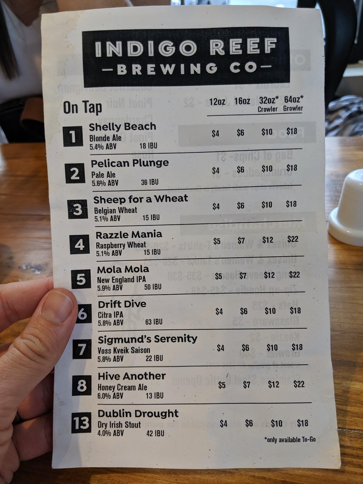 Menu at Indigo Reef Brewing Company, Charleston