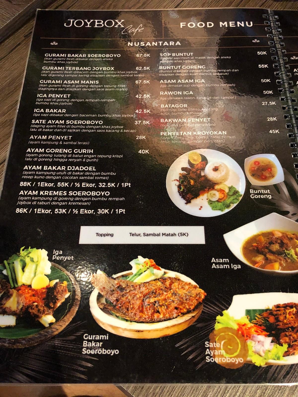 Menu at JoyBox milenial restaurant, Surabaya