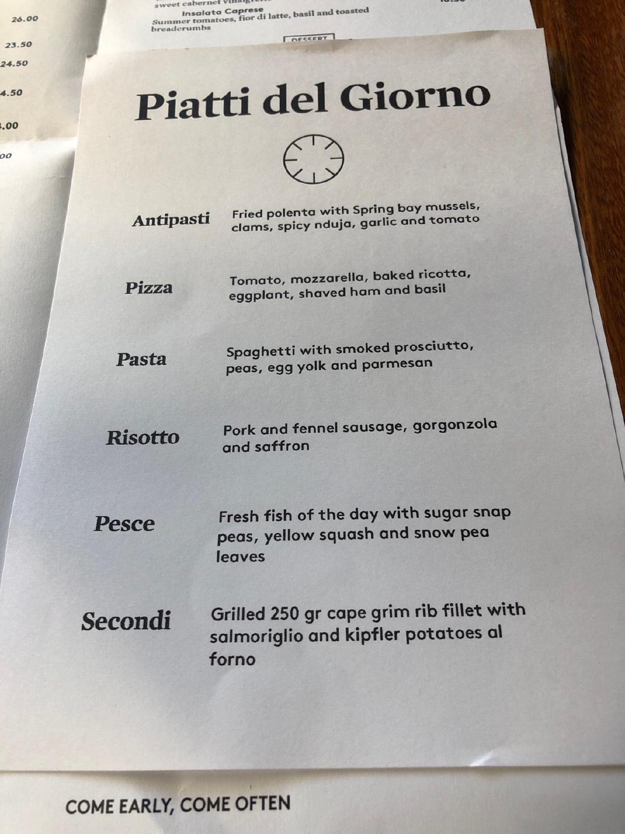 Menu at Julius Pizzeria, South Brisbane