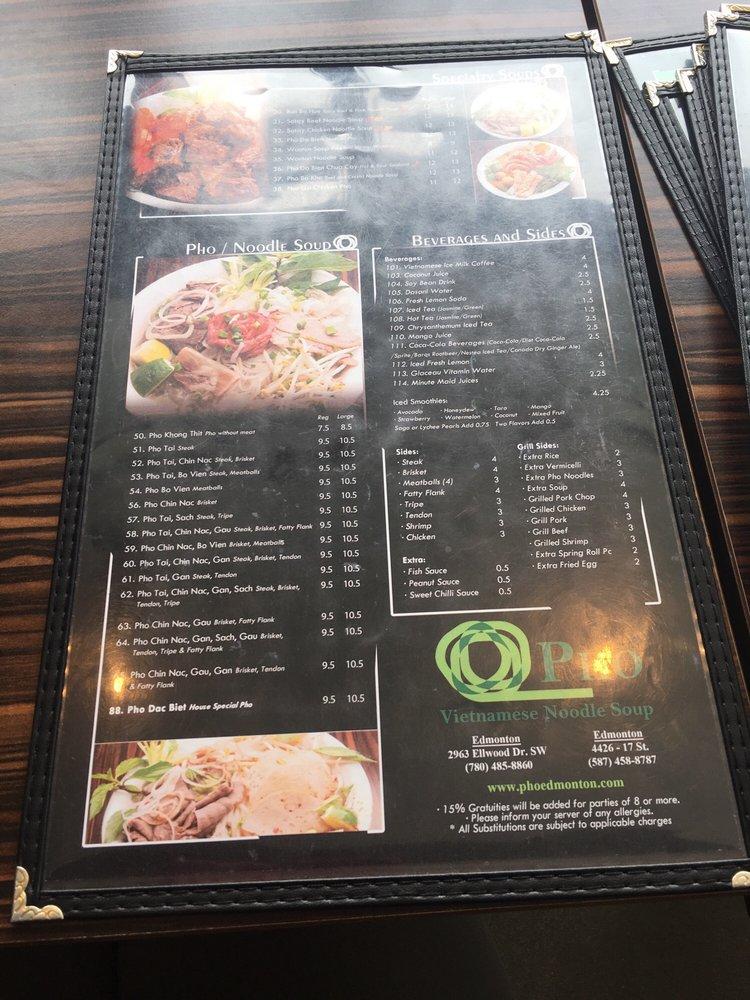 Menu at Pho restaurant, Edmonton, 17 St NW