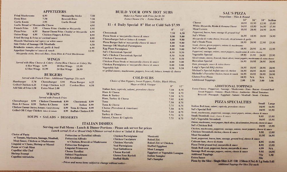 Menu at Sal's Italian Restaurant, Seaford