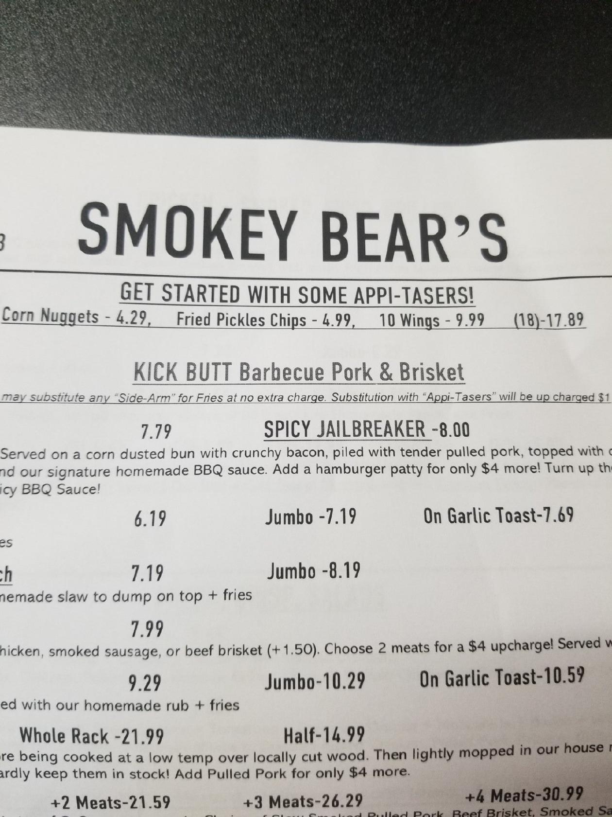 Menu at Smokey Bear's BBQ & Grill, Corbin