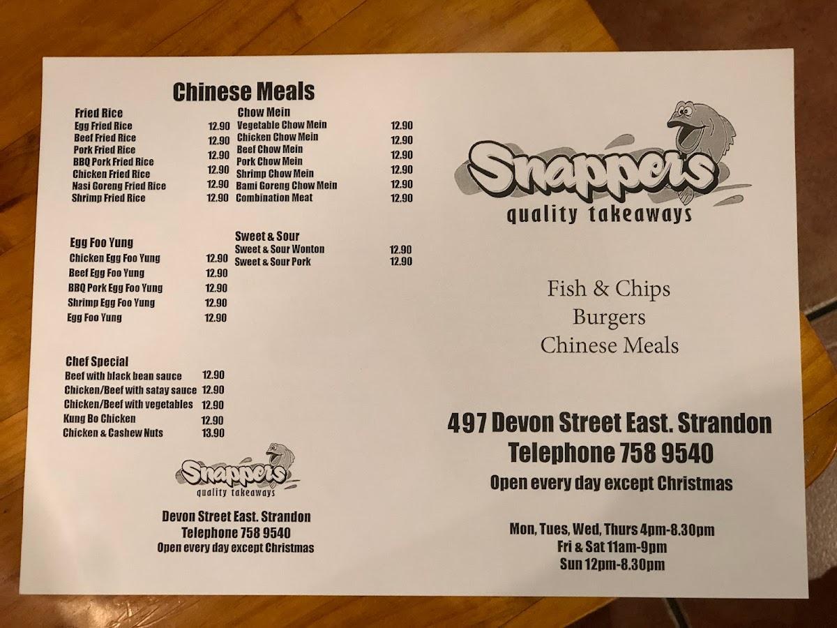 Menu at Snappers Fish and Chips restaurant, New Plymouth