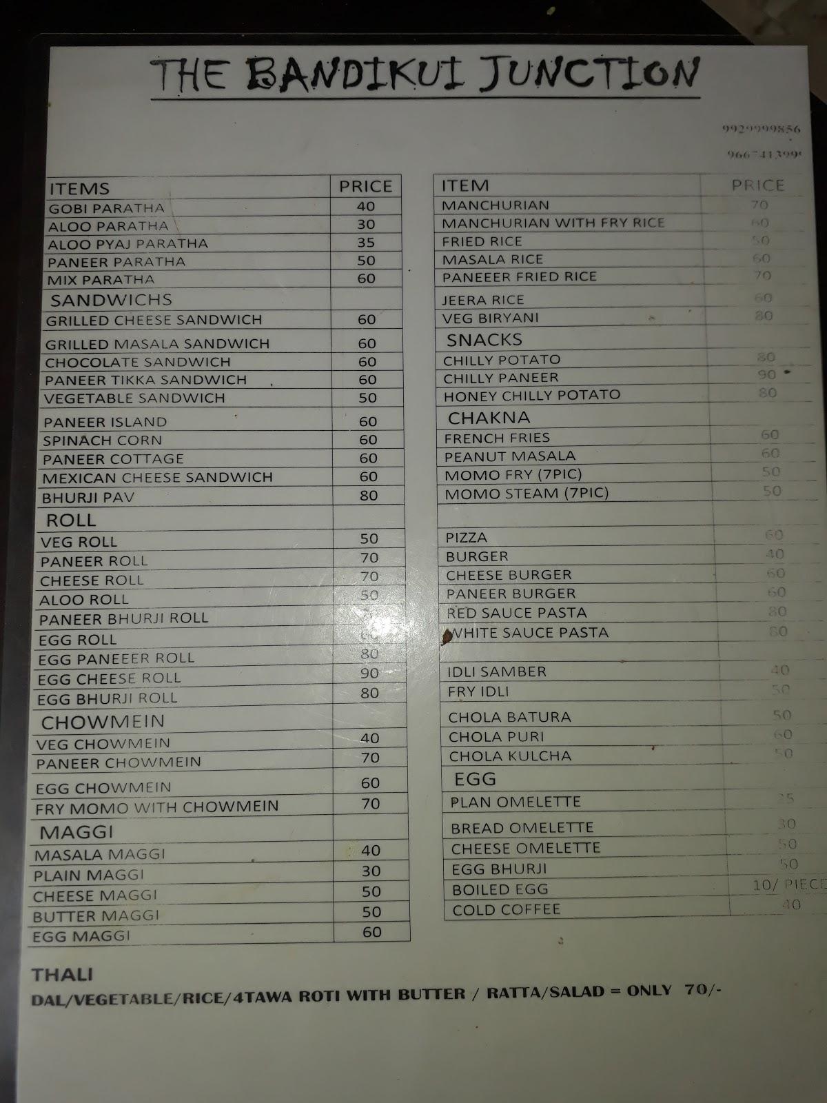 Menu at The Bandikui Junction Restaurant, Jaipur