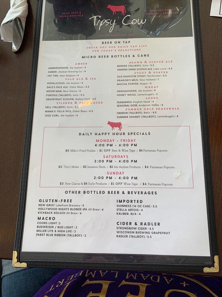 Menu at Tipsy Cow Sun Prairie restaurant, Sun Prairie