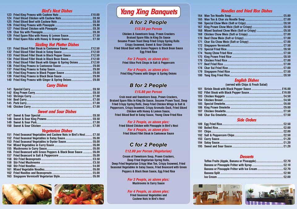 Menu at Yang Xing Restaurant, St Helens