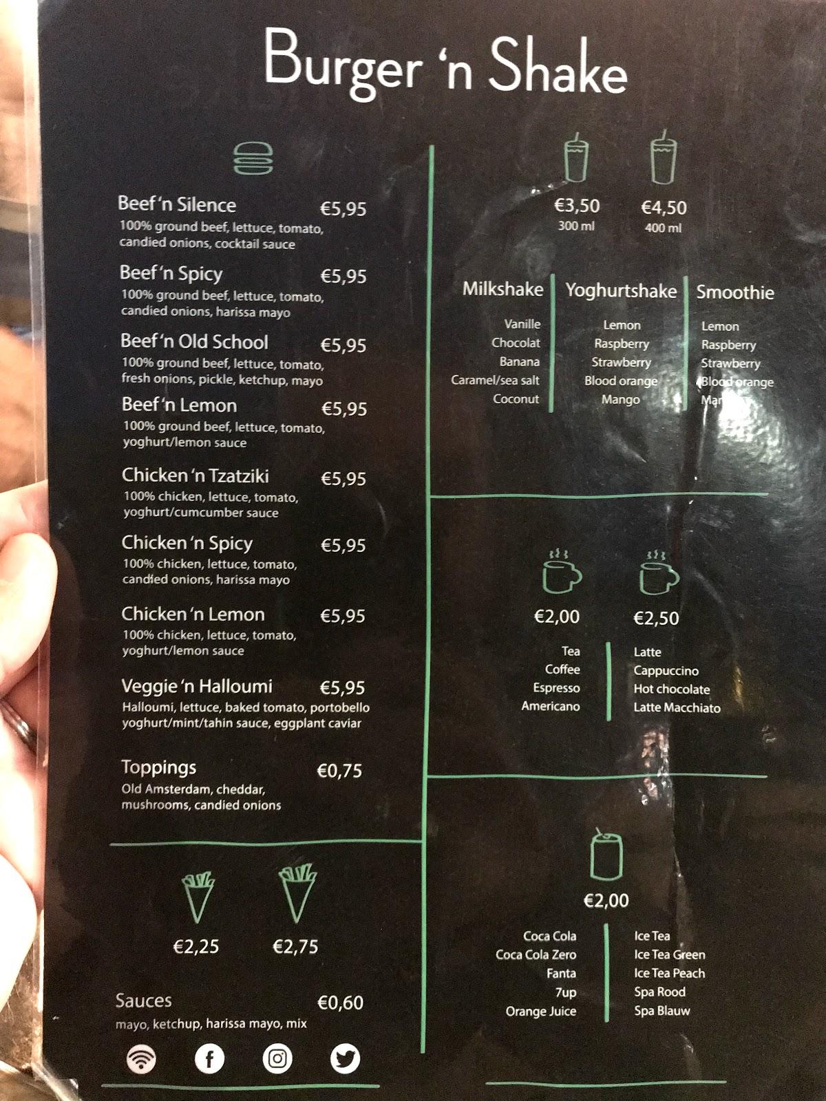 Menu at Burger 'n Shake, Amsterdam, Land van Cocagneplein 1D