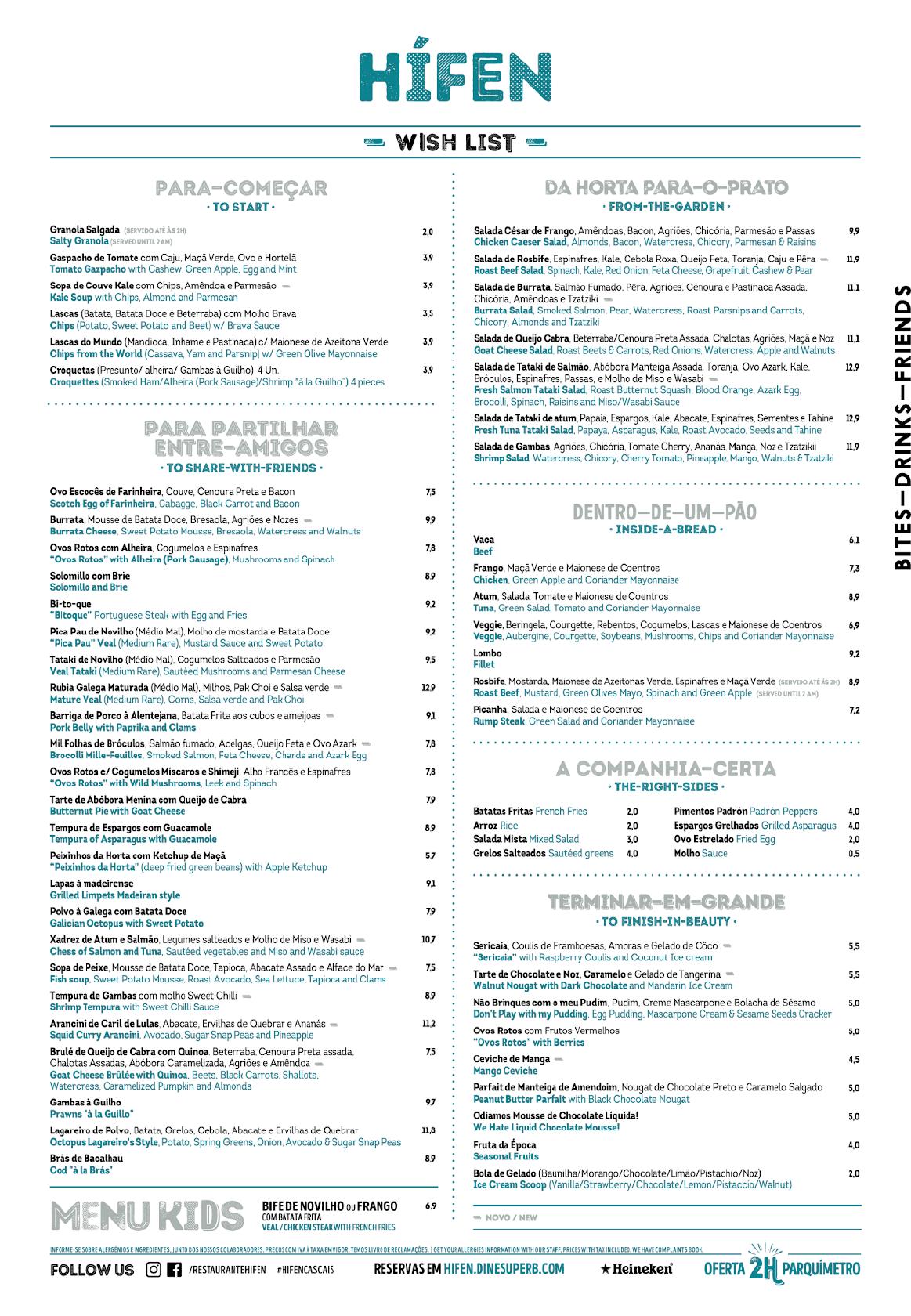 Menu at Hífen pub & bar, Cascais