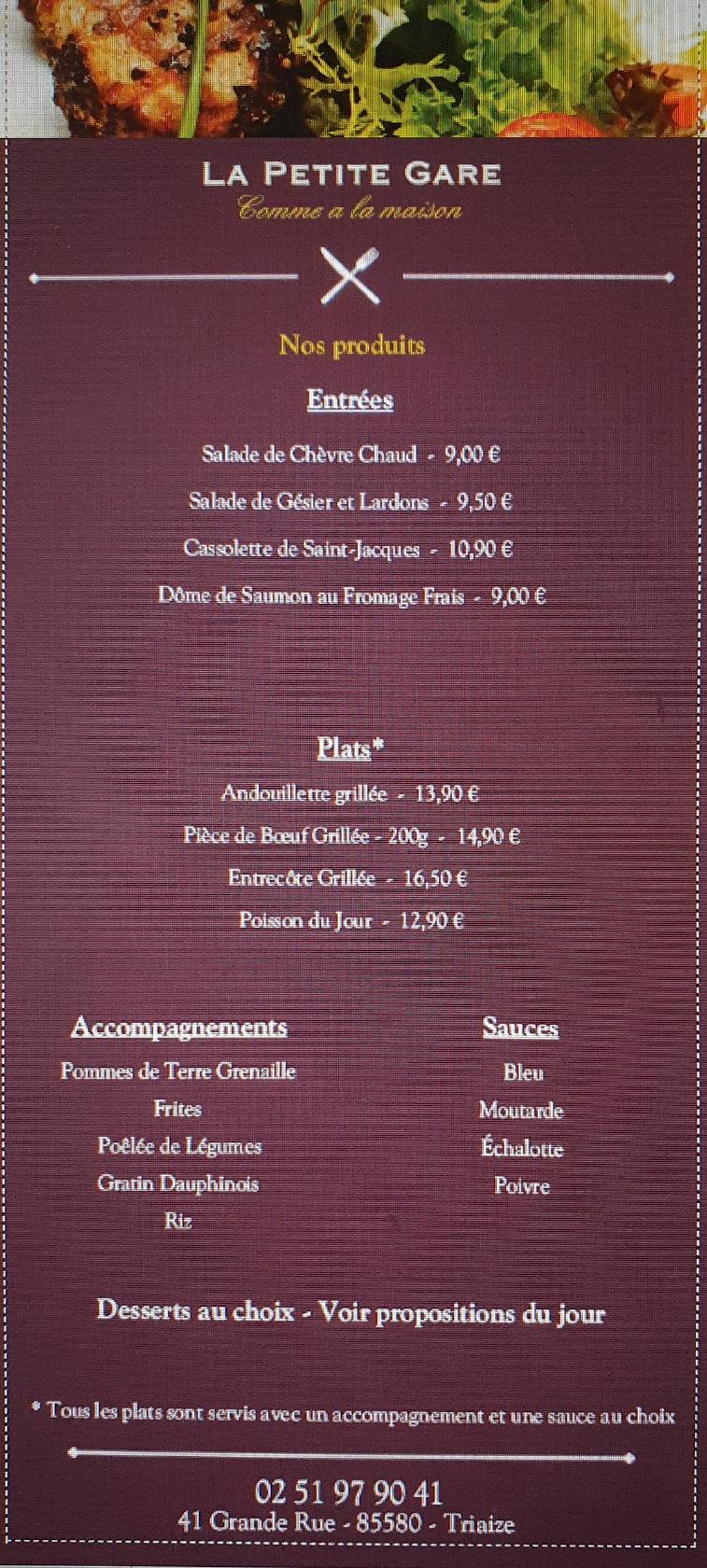 Menu au La Petite Gare restaurant, Triaize