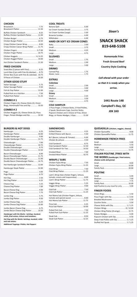 Menu at Snack Shack, Campbell's Bay