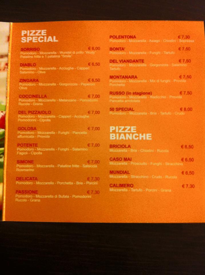 Menu da Pizza 50special Pizza&Party ristorante, Caldonazzo