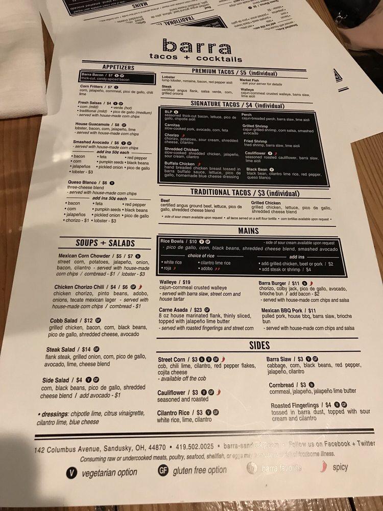 Menu at Barra Tacos + Cocktails - Sandusky, OH, Sandusky