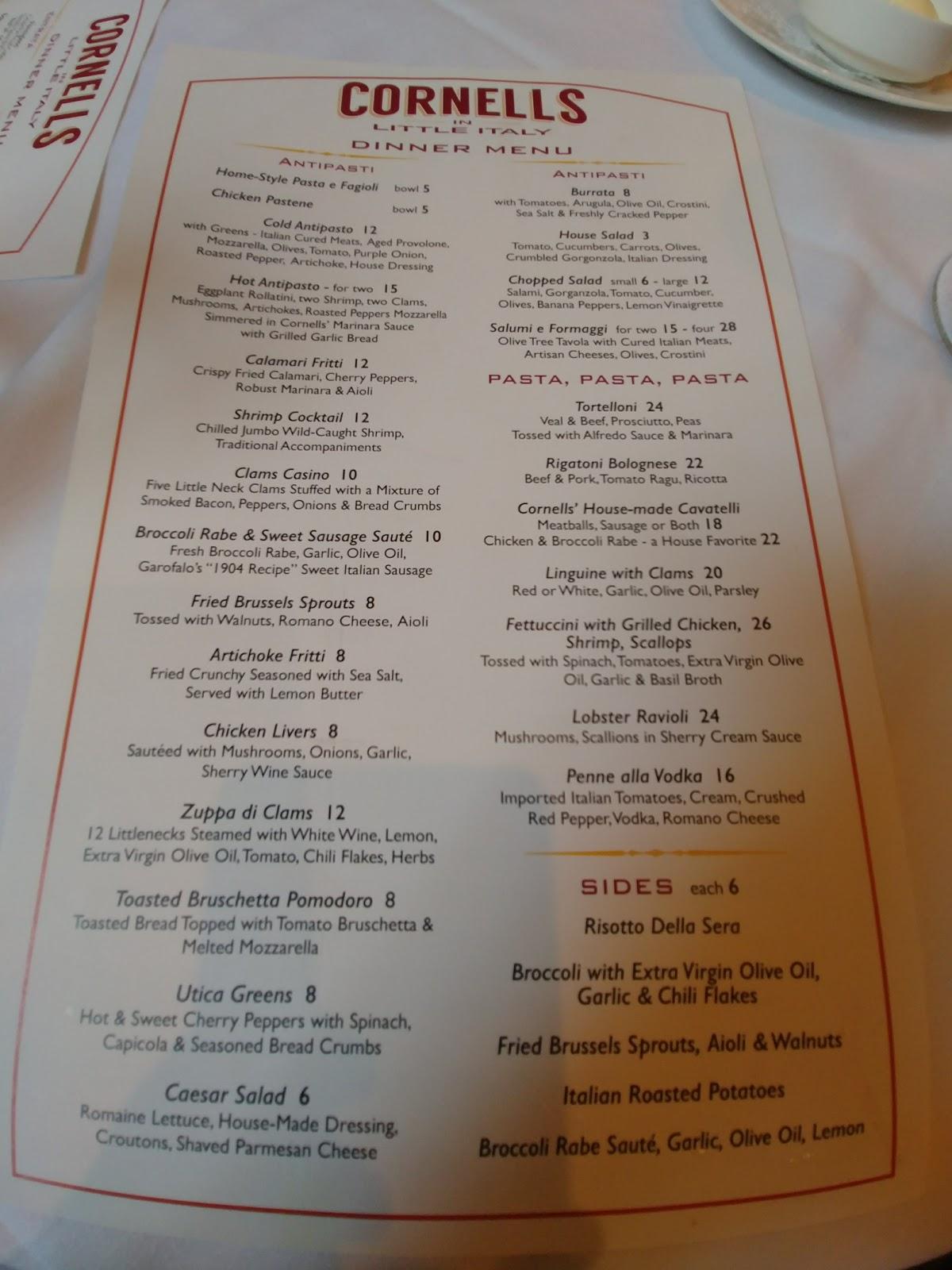 Menu at Cornell's in Little Italy Restaurant, Schenectady