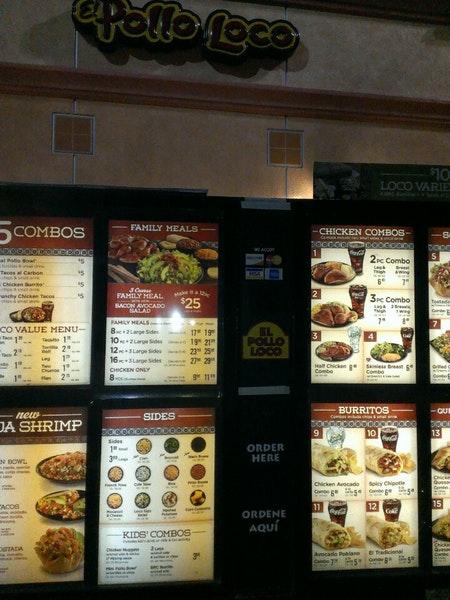 Menu at El Pollo Loco fast food, Moreno Valley, Moreno Beach Dr
