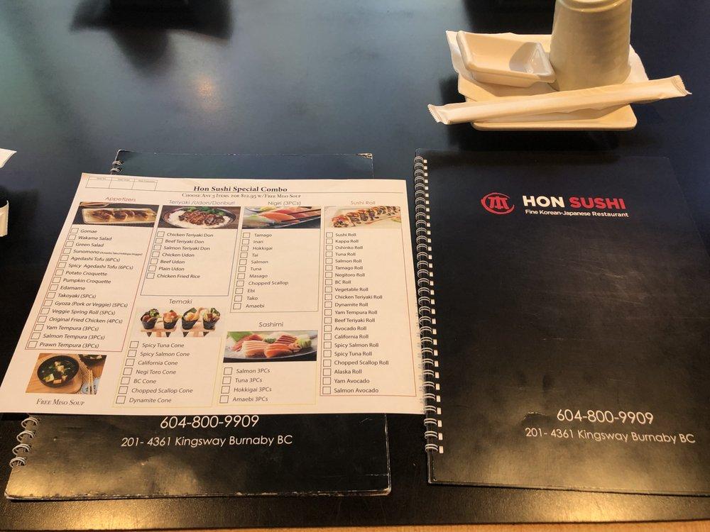 Menu at Hon Sushi restaurant, Burnaby