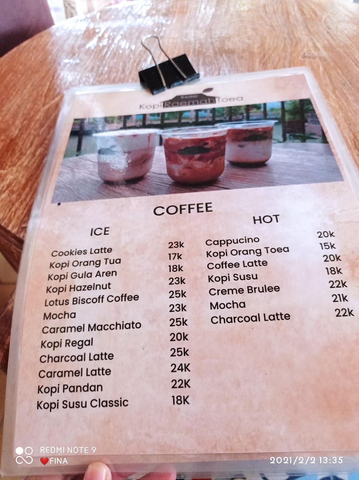 Carta del café Kedai Kopi Roemah Toea, Bekasi
