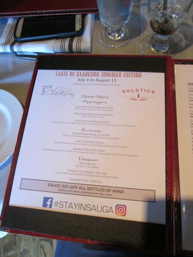 Menu at Solstice Restaurant & Wine Bar, Mississauga