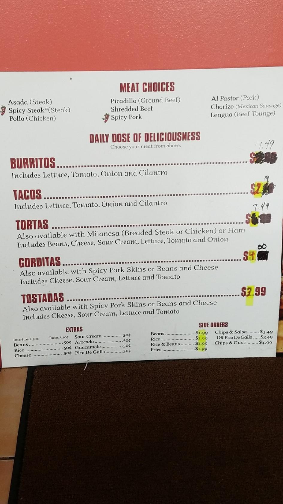 Menu at Taco Parado restaurant, Waukegan