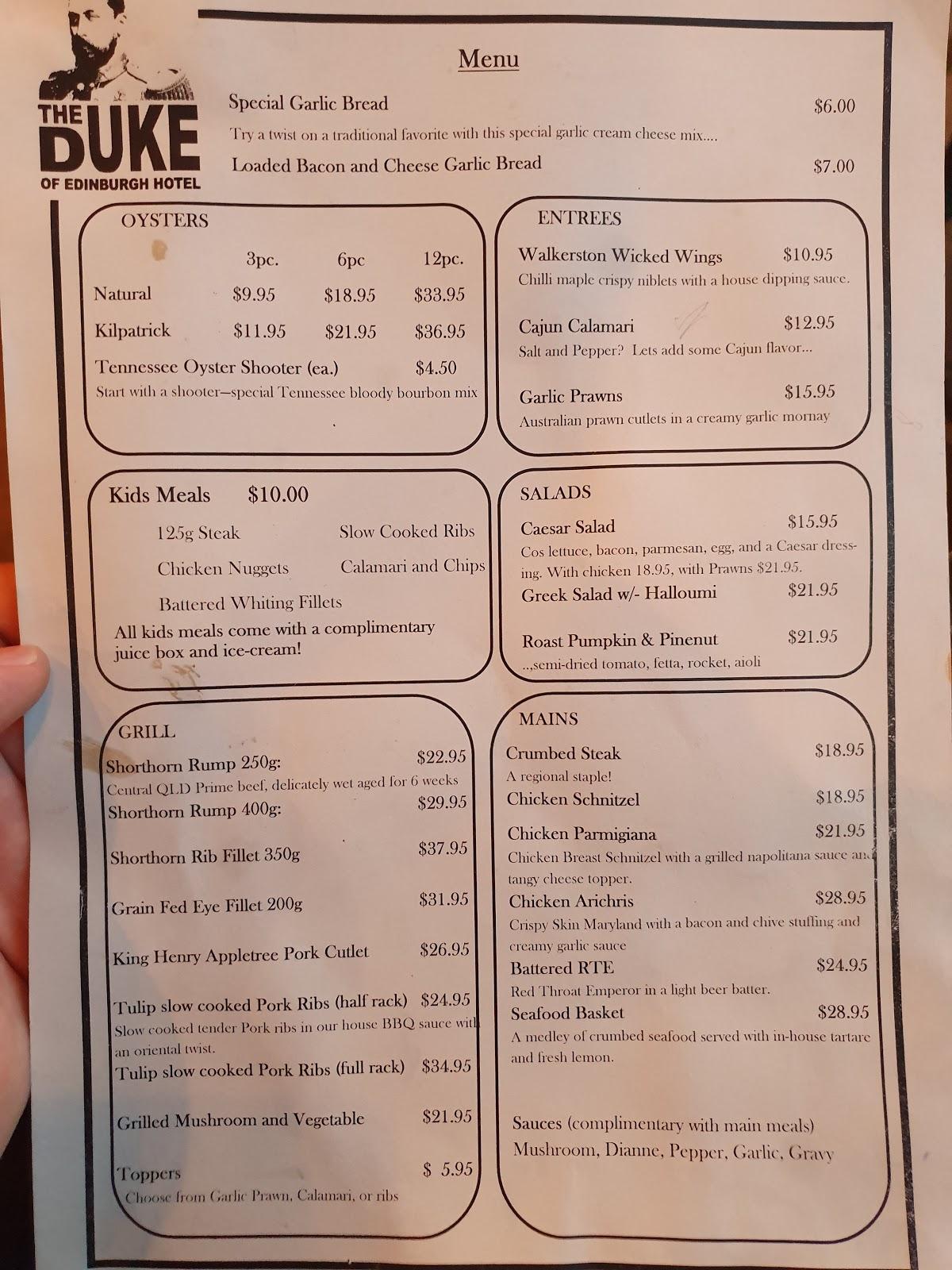 Menu at The Duke of Edinburgh Hotel pub & bar, Walkerston
