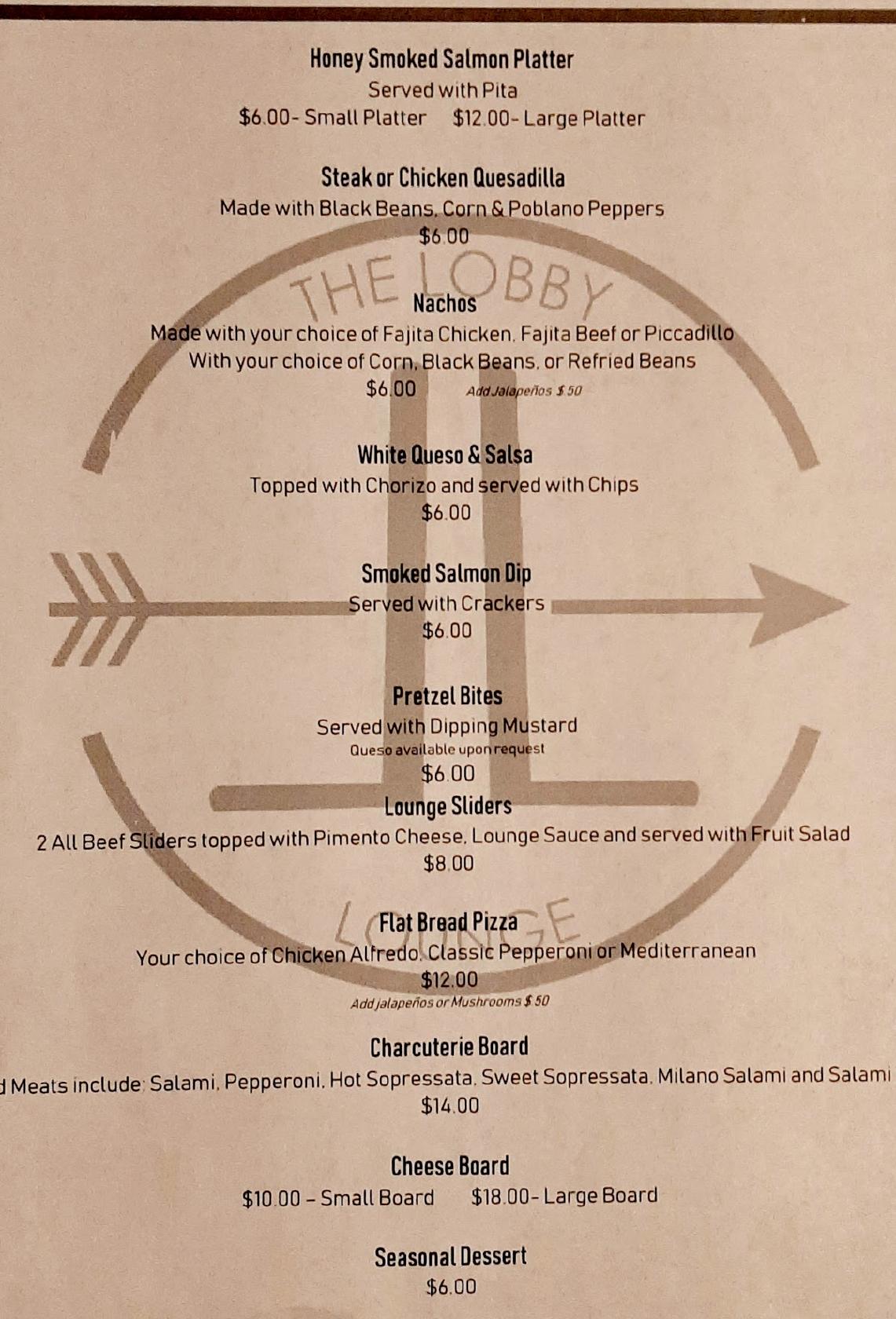 Menu at The Lobby Lounge restaurant, Weatherford
