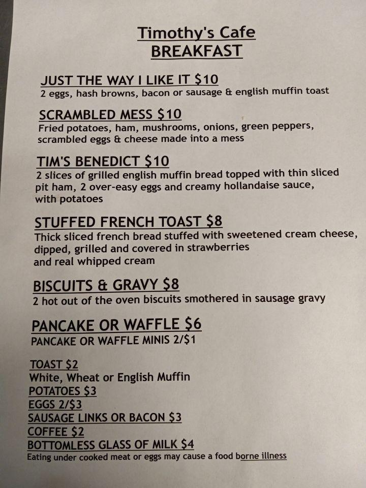 Menu at Timothy's Cafe, Fennimore