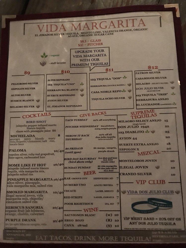 Menu at Vida Taco Bar, Annapolis