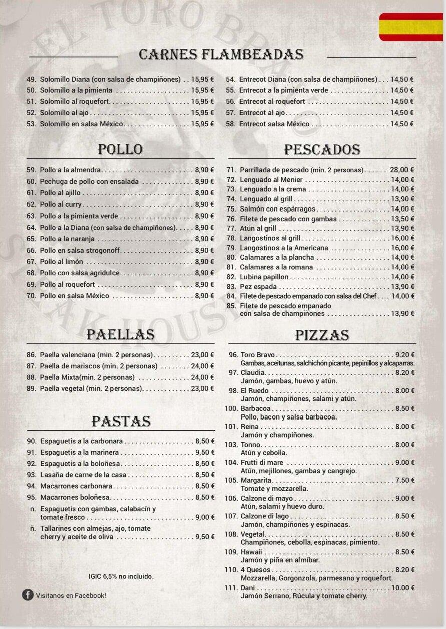 Menu at Restaurante El Toro Bravo, Corralejo