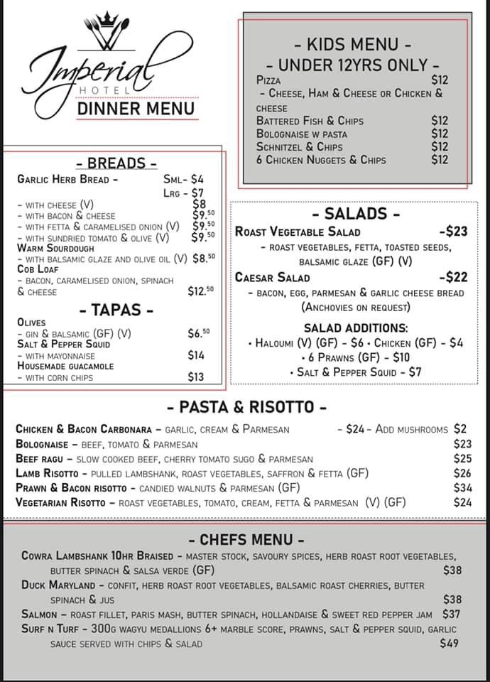 Menu at Imperial Hotel pub & bar, Cowra