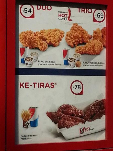 Menu at KFC fast food, Mexico City, Luz Saviñon 1605