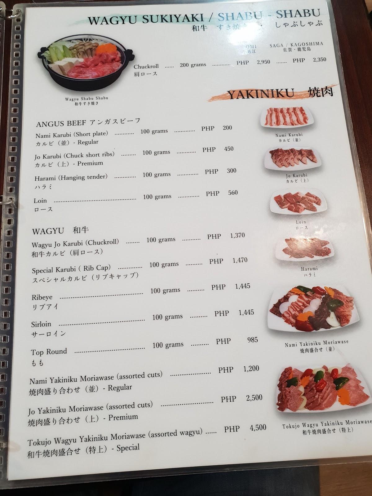 Menu at Manpuku Shokudo Wagyu restaurant, Makati