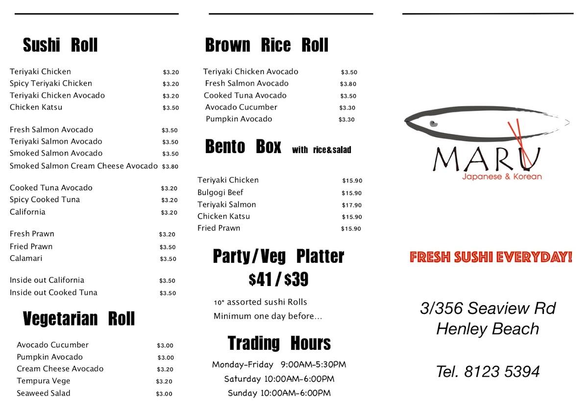 Menu at Maru Japanese and Korean restaurant, Henley Beach