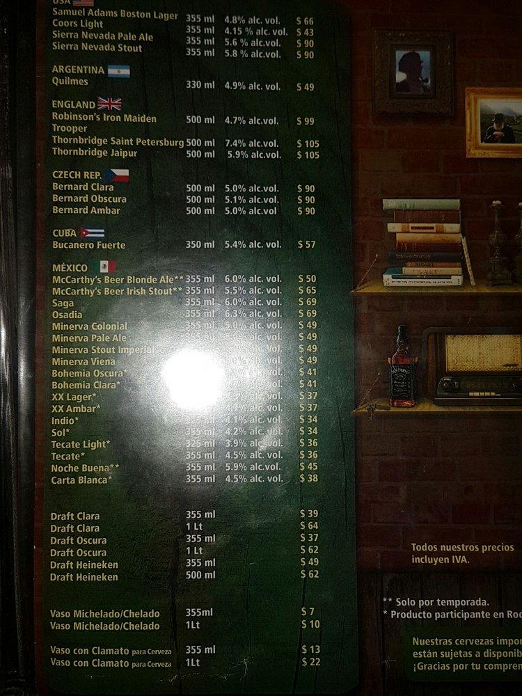 Carta de McCarthy's Irish Pub, Heroica Puebla de Zaragoza, Avenida ...