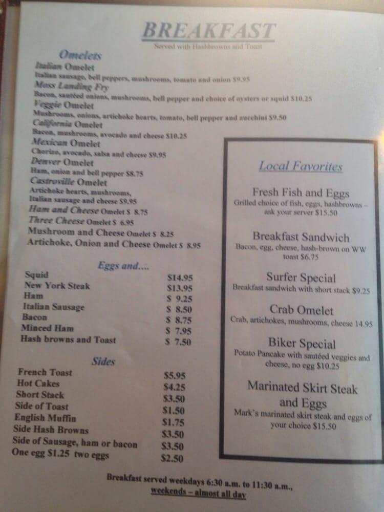 Menu at Moss Landing Cafe, Moss Landing