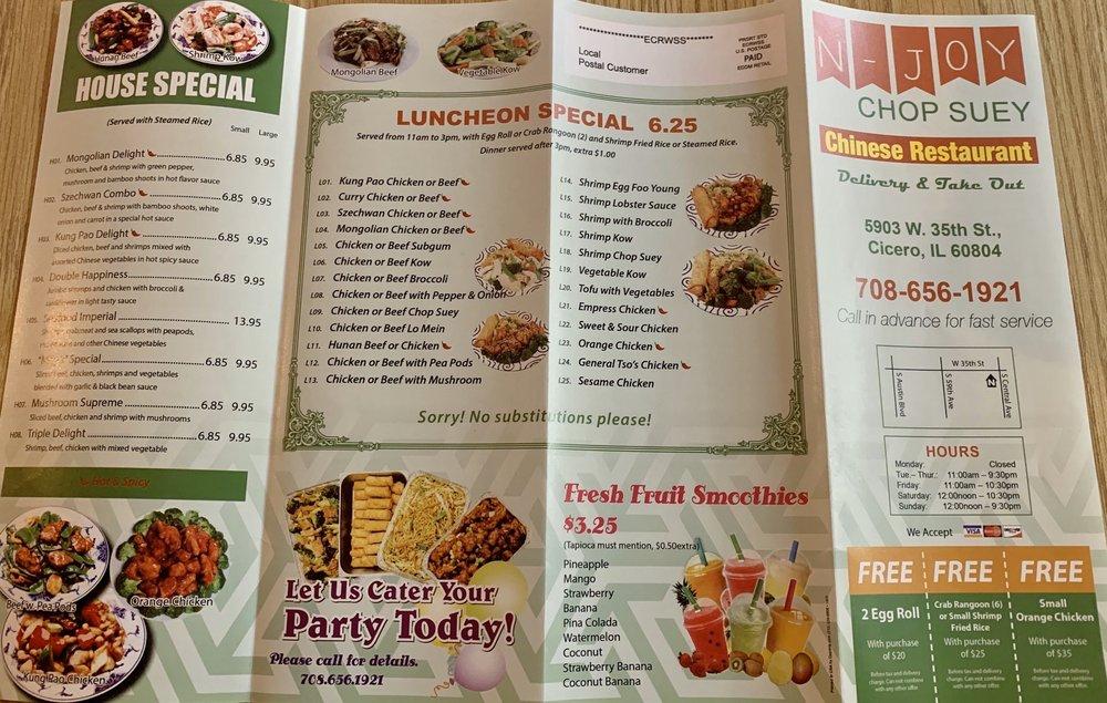 Menu at N-Joy Chop Suey restaurant, Cicero