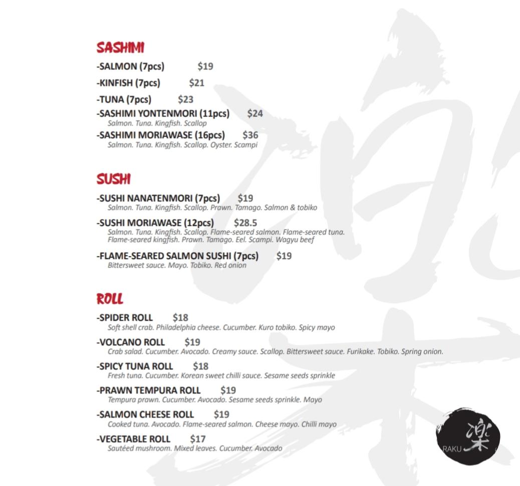 Menu at Raku Izakaya restaurant, Orange