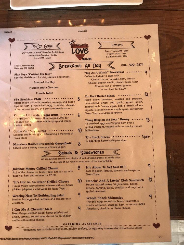 Menu at SB's Lakeside Love Shack restaurant, Richmond